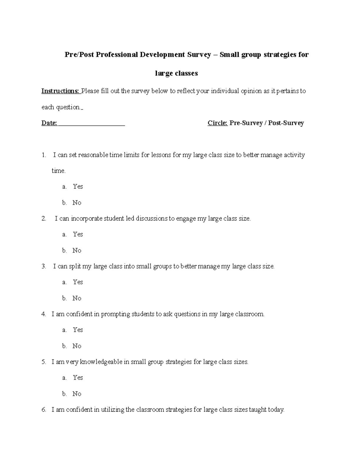 Pre-Post Professional Development Survey - Angelica J. 10 - Pre/Post ...