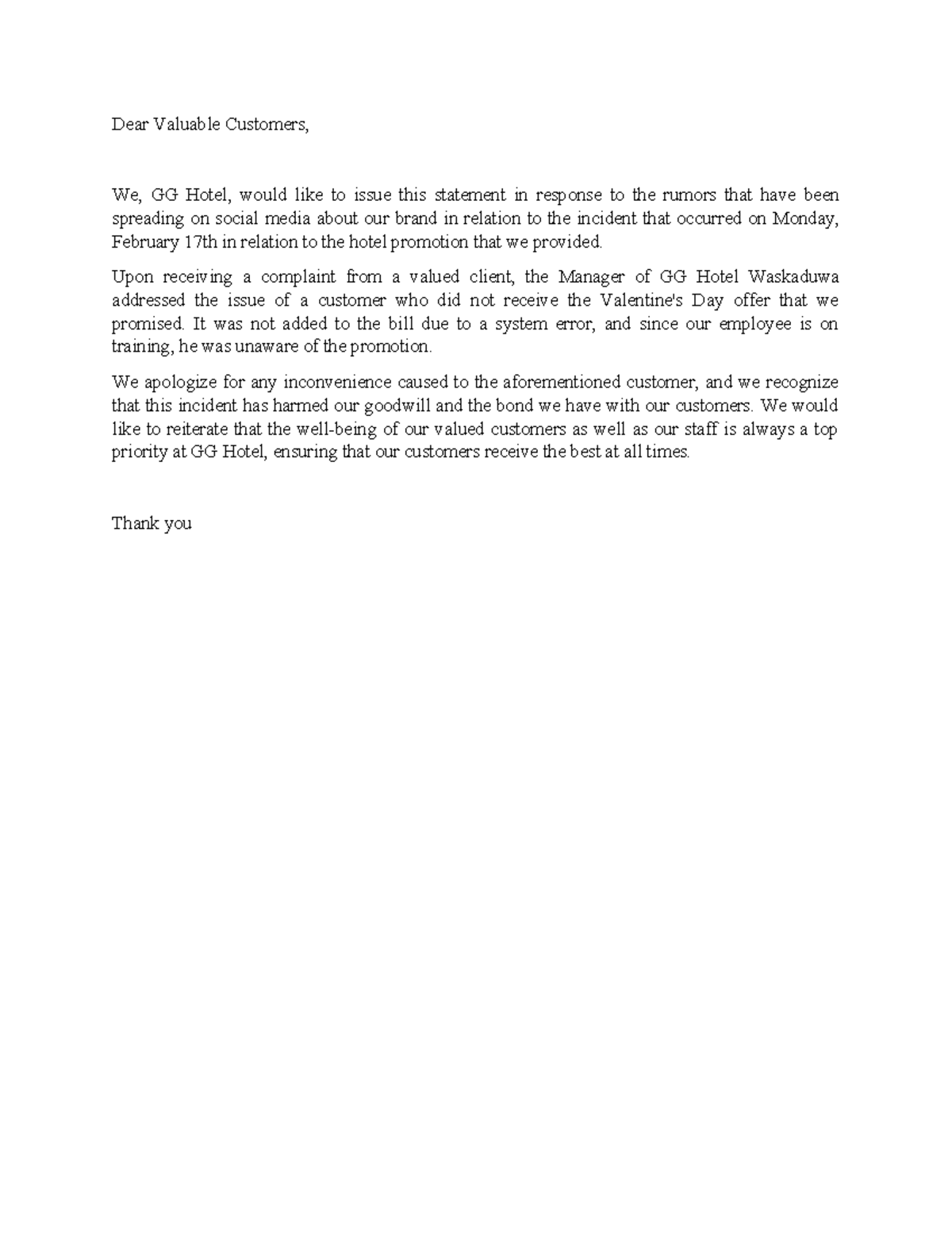 Assignment - Project Management - Dear Valuable Customers, We, GG Hotel ...