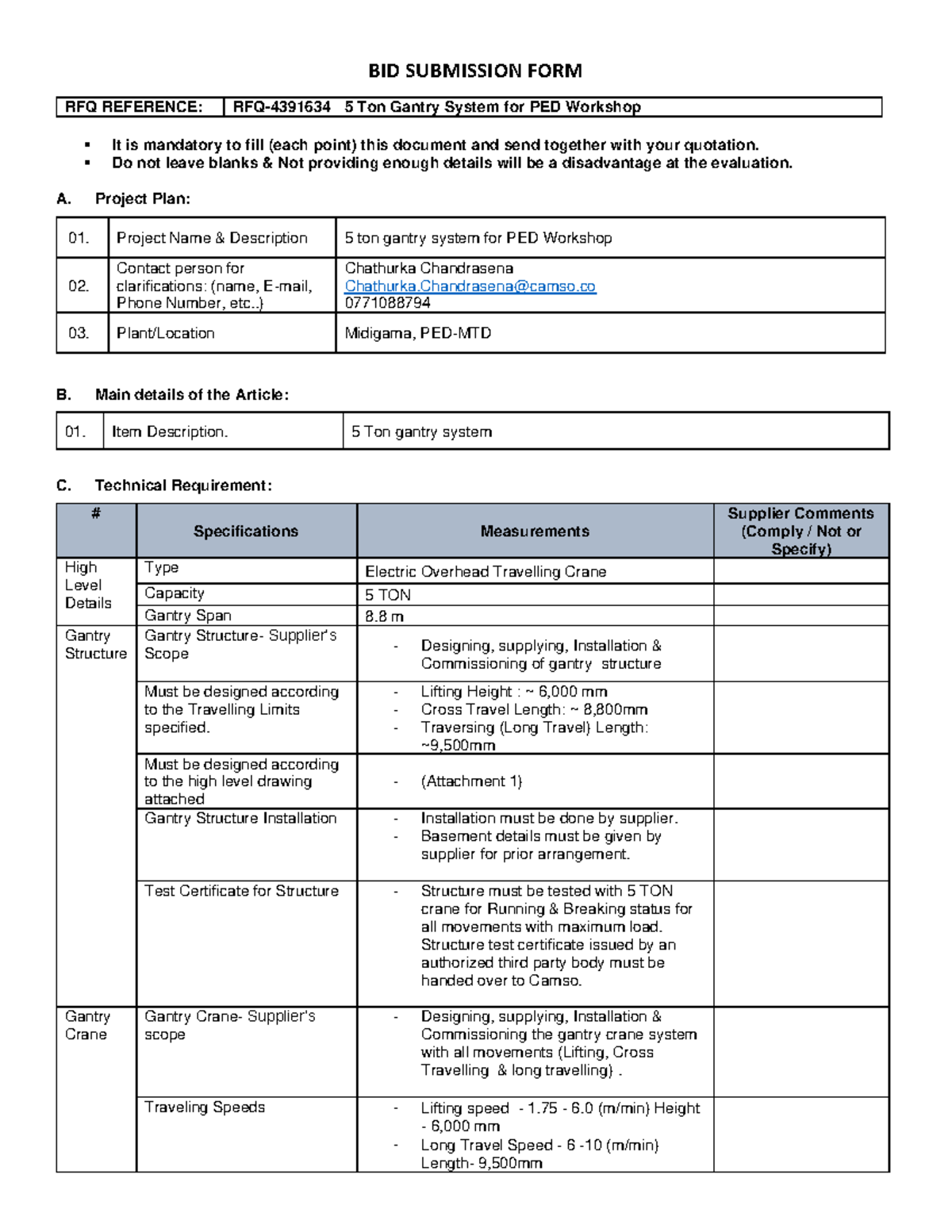 Bid Submission Form RFQ-4391634 5 Ton Gantry System for PED Workshop ...