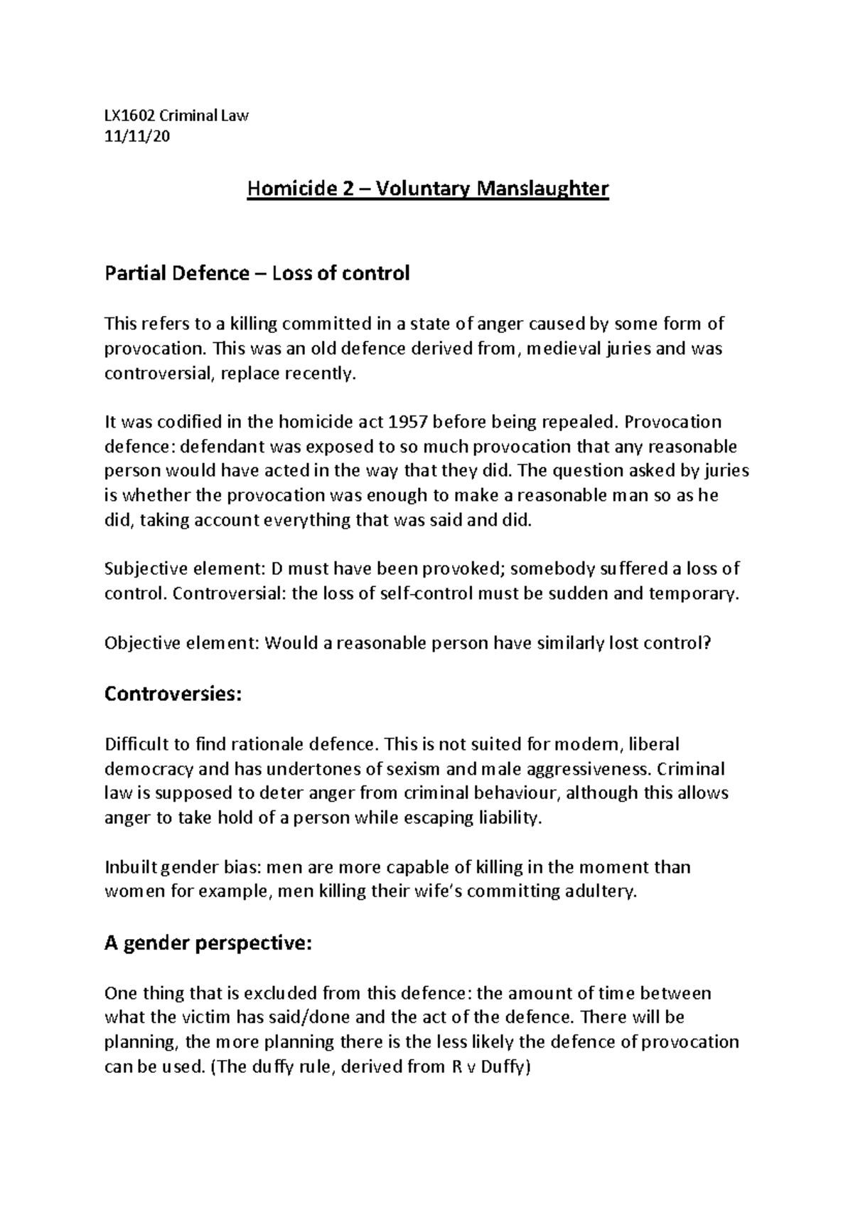 Homocide II Lecture 4 Criminal Law - LX1031 - Brunel University - Studocu