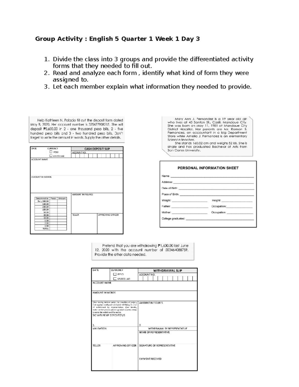 Eng 5 Q1W1 Activity - Teacher - Group Activity : English 5 Quarter 1 ...