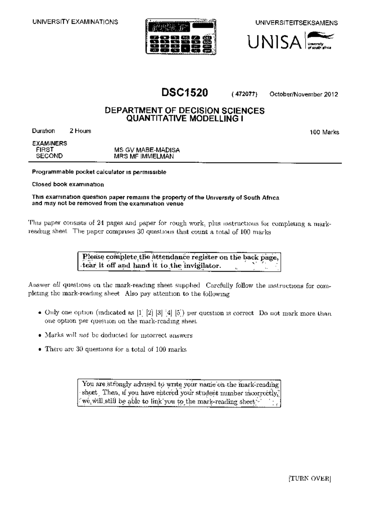 Exam Oct/ Nov 2012 - DSC1520 - Studocu