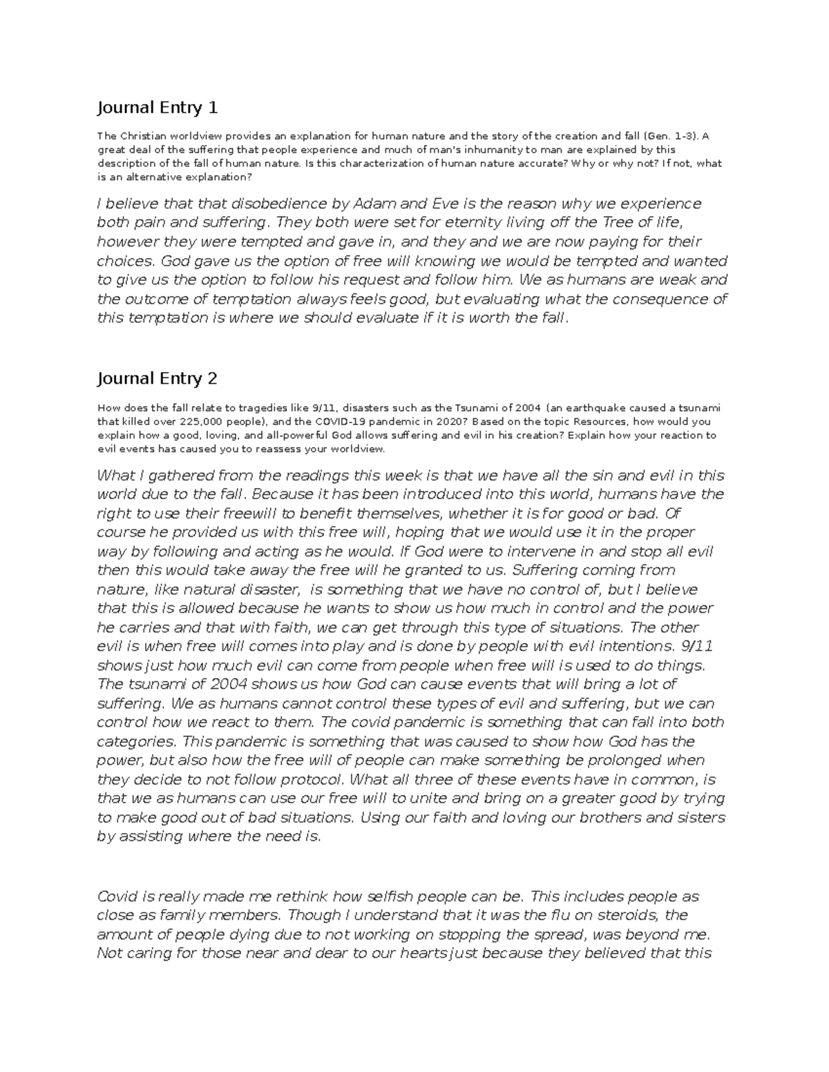 Consequences of the Fall and Contemporary Response - Journal Entry 1 ...