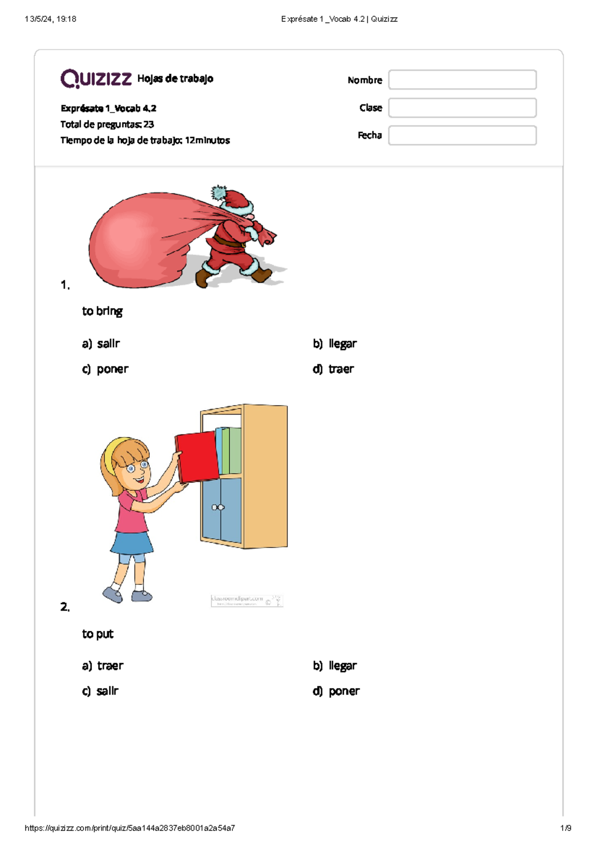 Exprésate 1 Vocab 4.2 Quizizz - Hojas de trabajo Exprésate 1_Vocab 4 ...