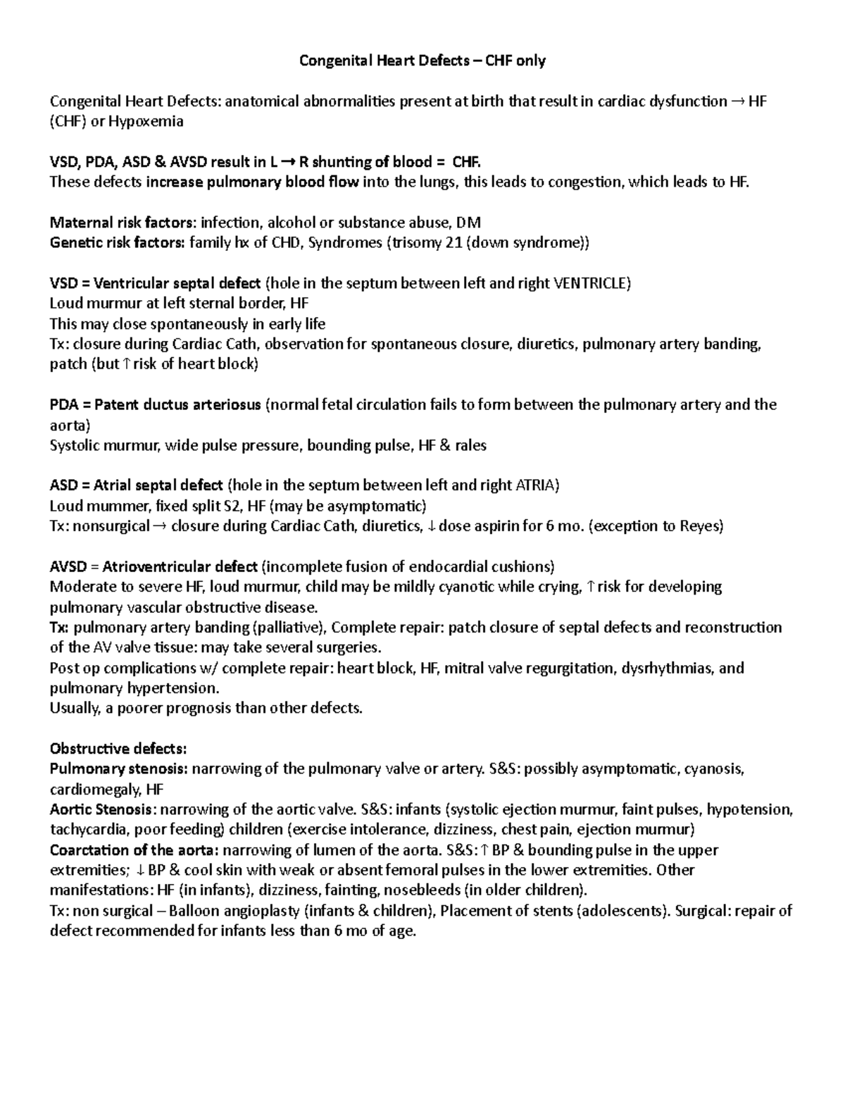 CHD - CHF review for exam 1 NR328 - Congenital Heart Defects – CHF only ...