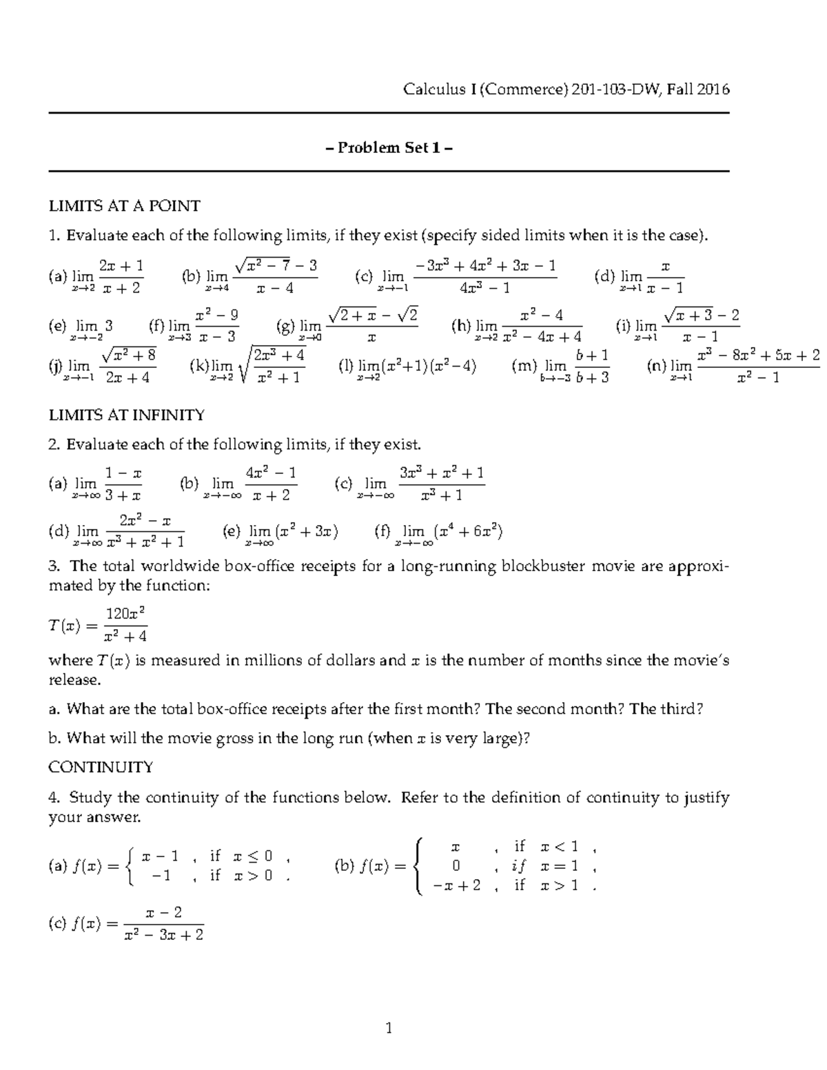 Examen type / pratique 2018, questions - Calculus I (Commerce) 201-103 ...