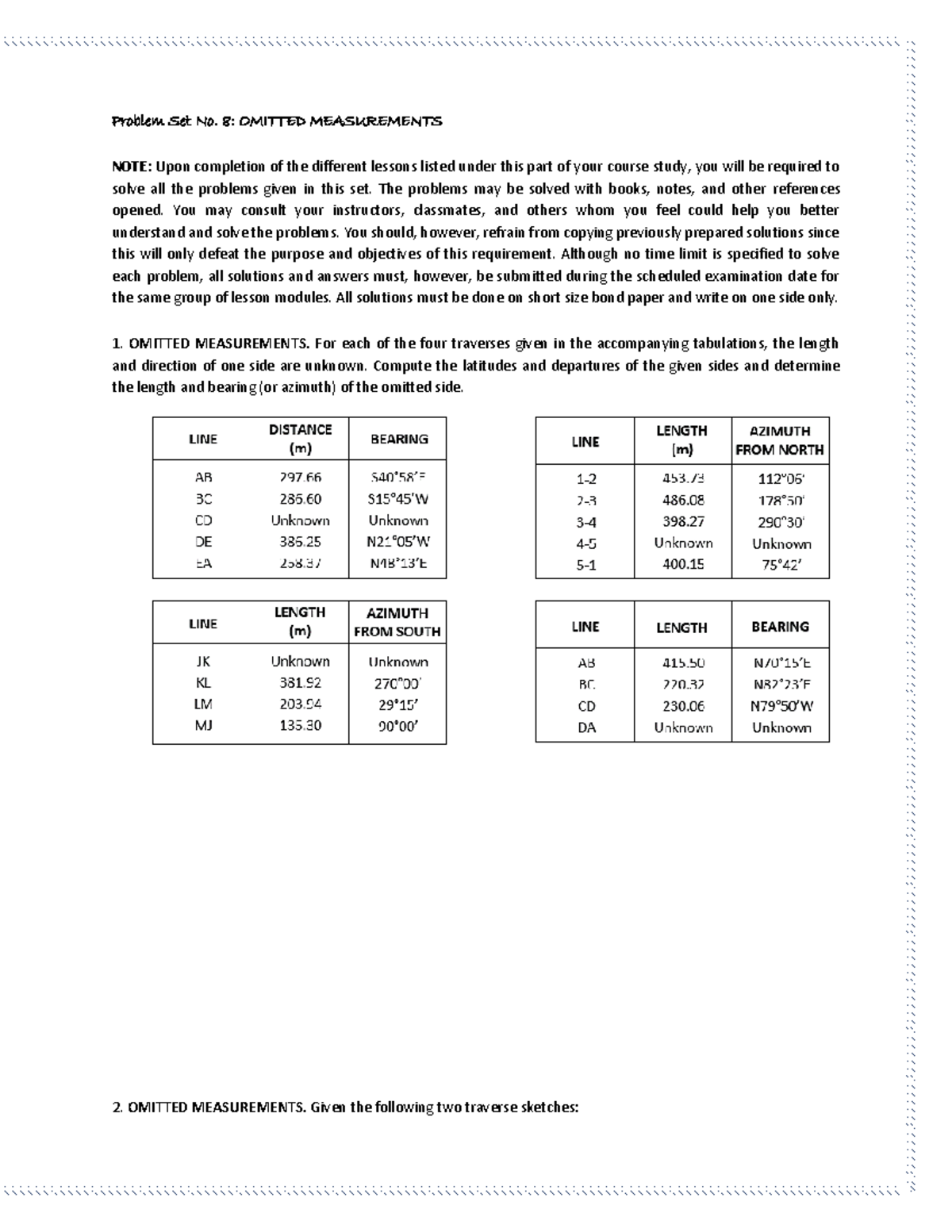 Pdfcoffee - Lecture for Engineering - Problem Set No. 8 : OMITTED MEASUREMENTS NOTE: Upon ...