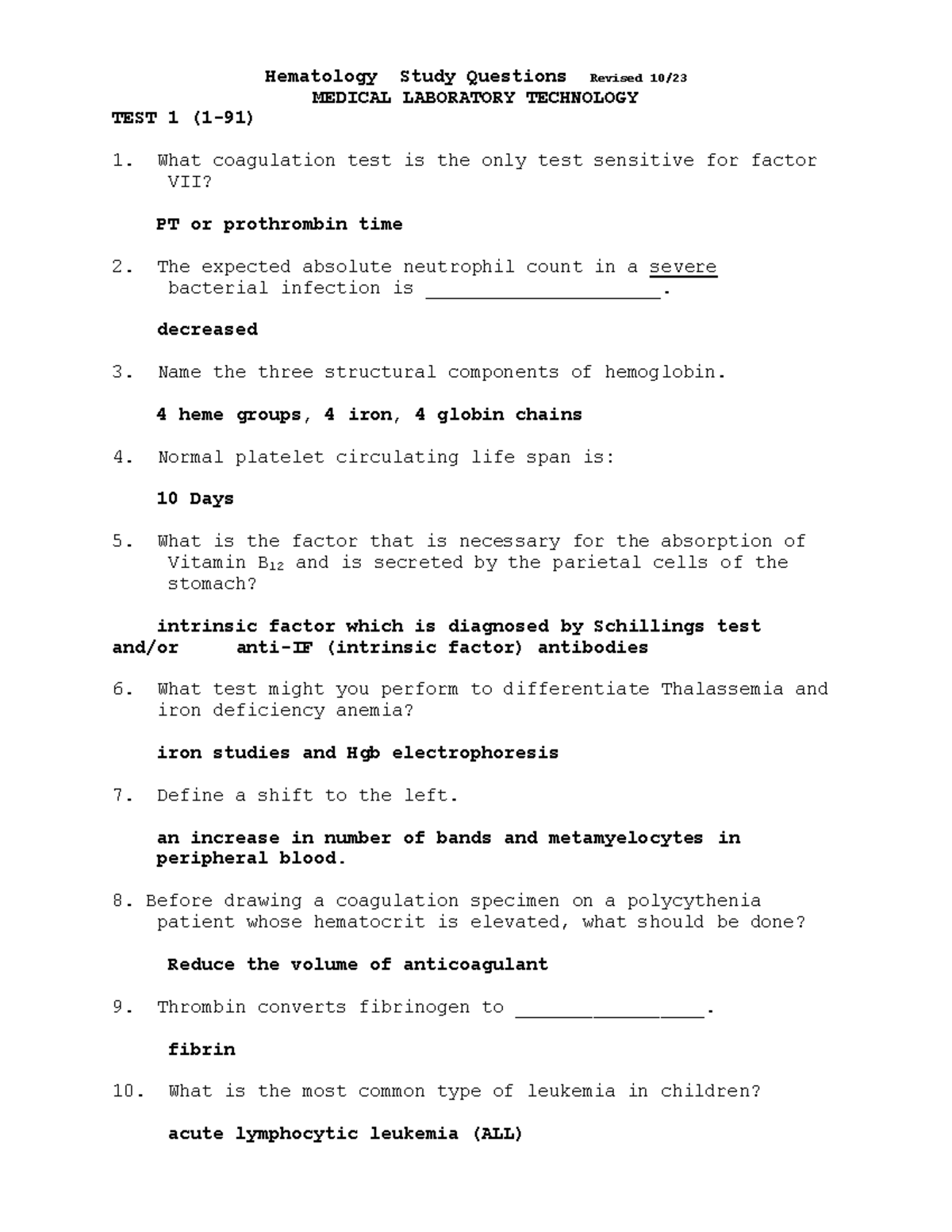 Hem studyguide 2023 - Final exam - Hematology Study Questions Revised ...