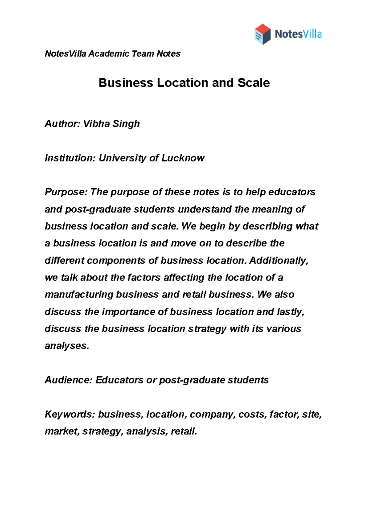Business location and scale - We begin by describing what a business ...