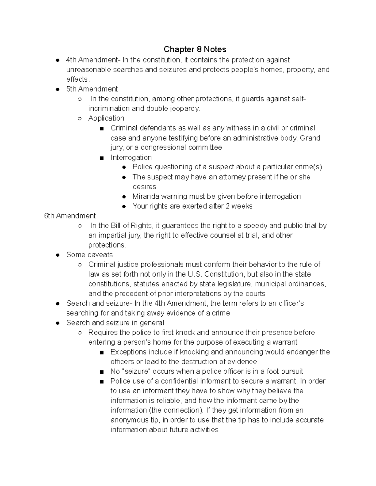 Chapter 8 (1)-cj notes - Chapter 8 Notes 4th Amendment- In the ...