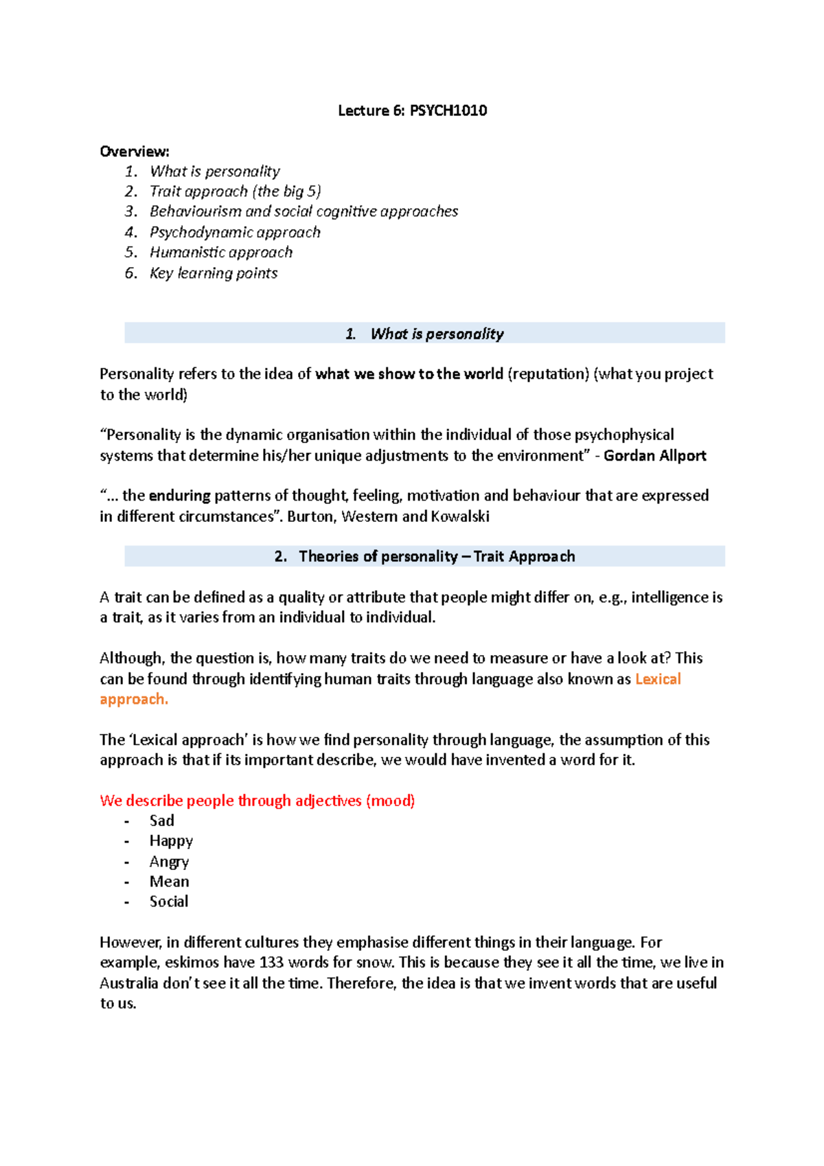 Lecture 6 - Psych 1010 - Lecture 6: PSYCH Overview: 1. What is ...