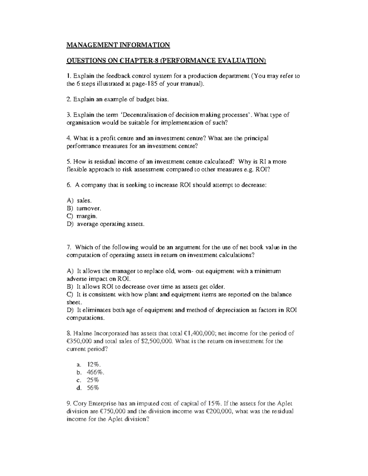 Practice Questions- Chapter 8 - MANAGEMENT INFORMATION QUESTIONS ON ...