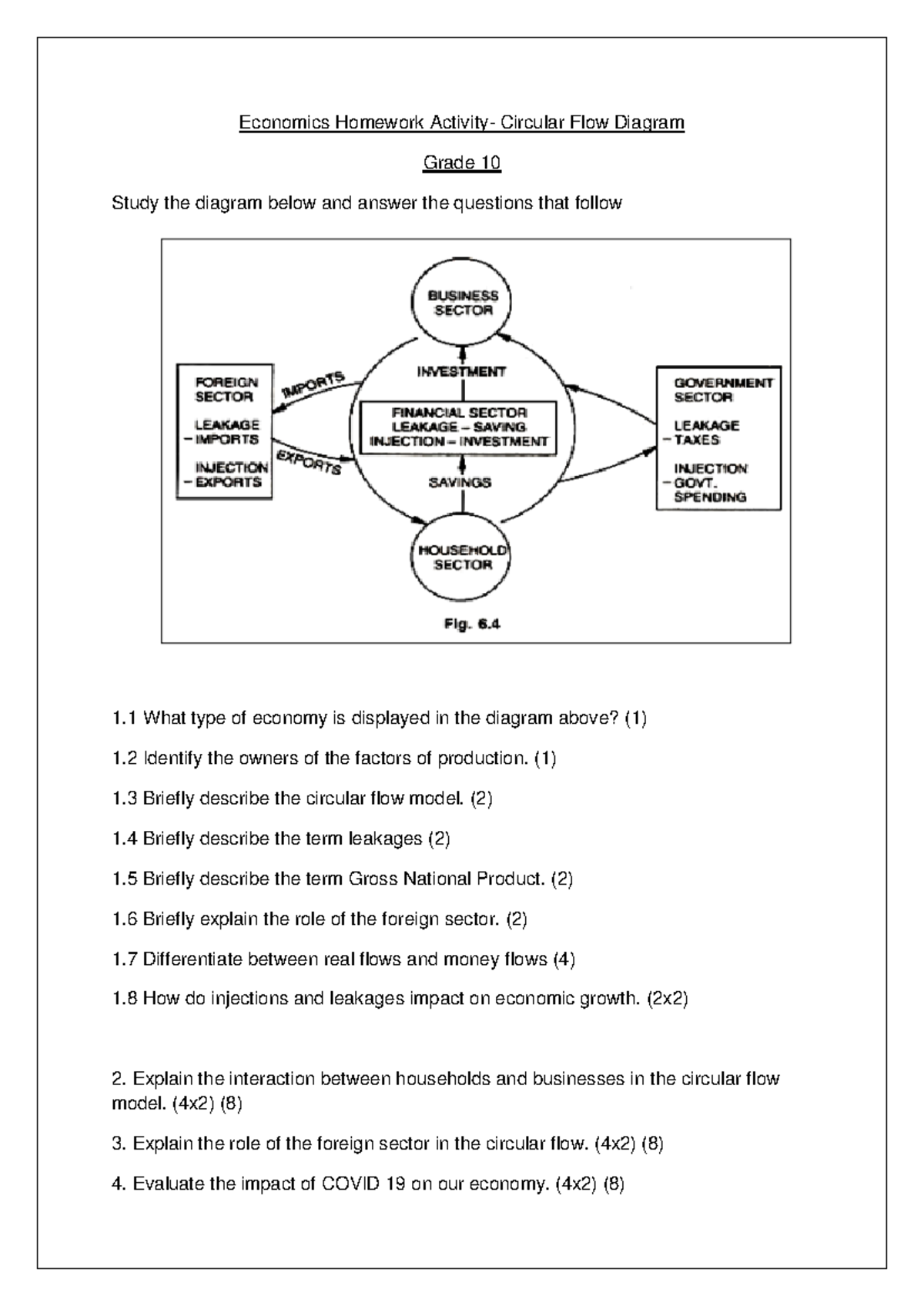 Economics Activity for Circular Flow Diagram Questions for Grade 10 ...