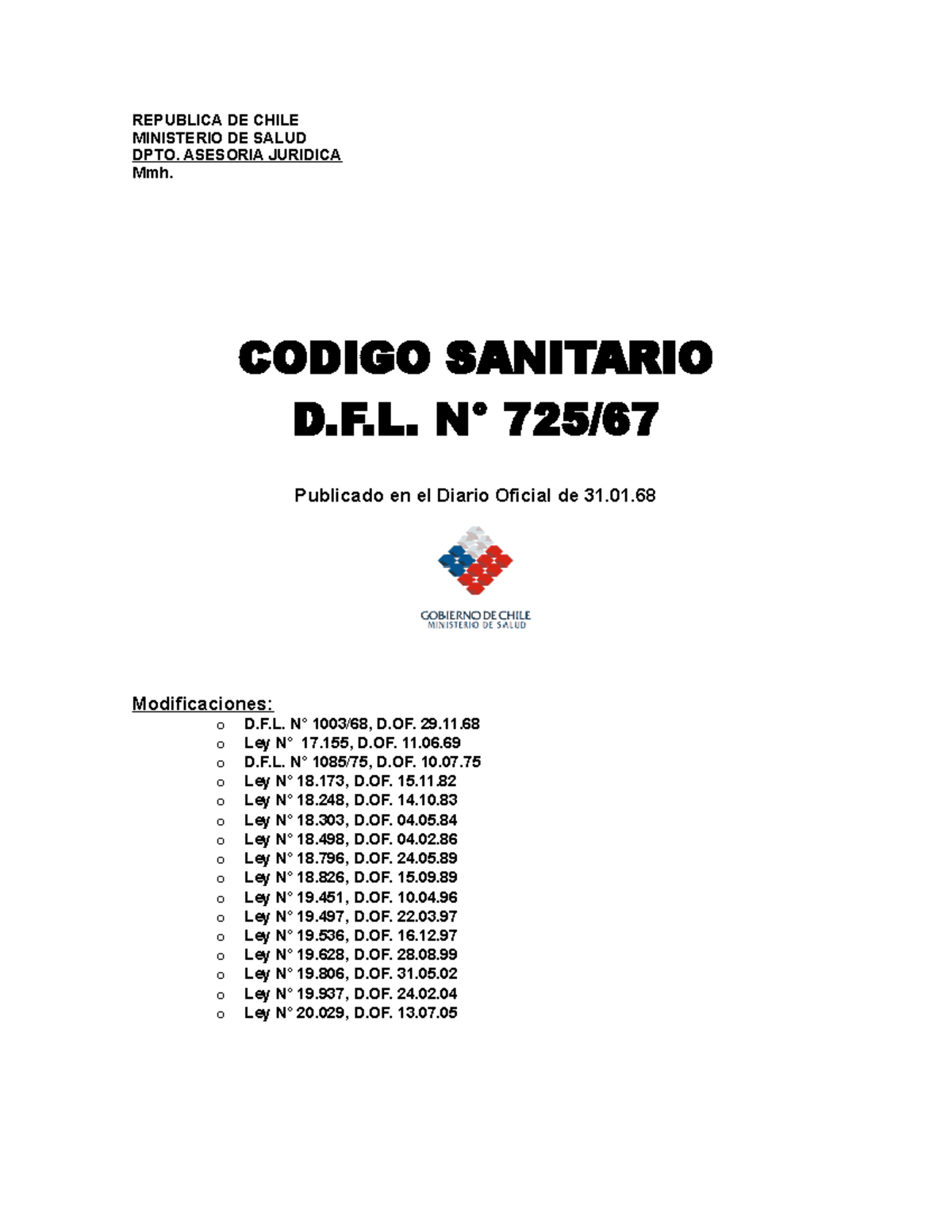 Codigo sanitario - confiable - REPUBLICA DE CHILE MINISTERIO DE SALUD ...