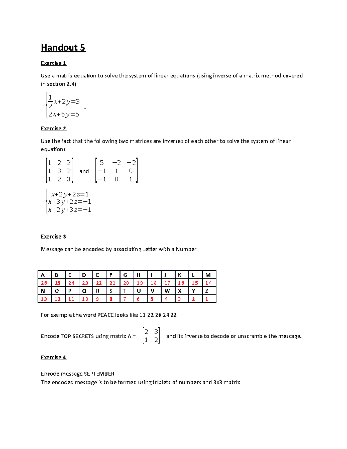 MAT 104 Handout 5 - homework 5 - Handout 5 Exercise 1 Use a matrix ...