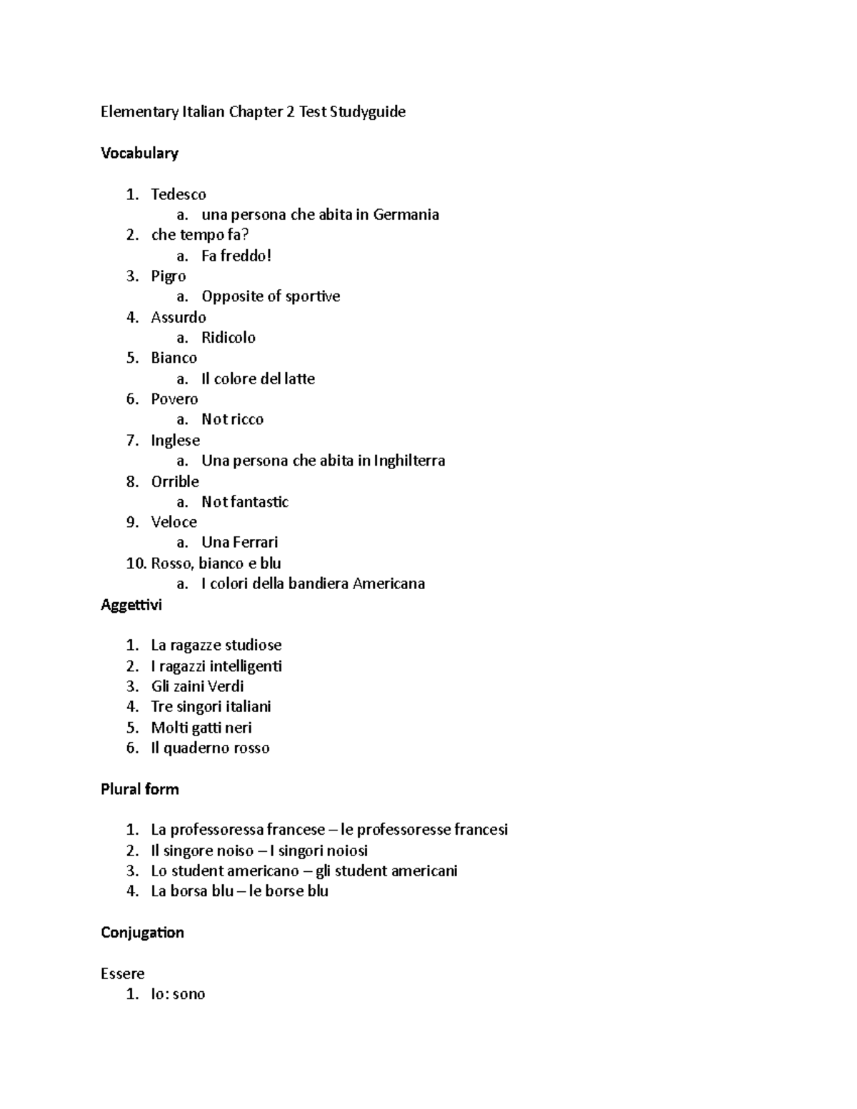 Elementary Italian Chapter 2 Test Studyguide - Elementary Italian ...