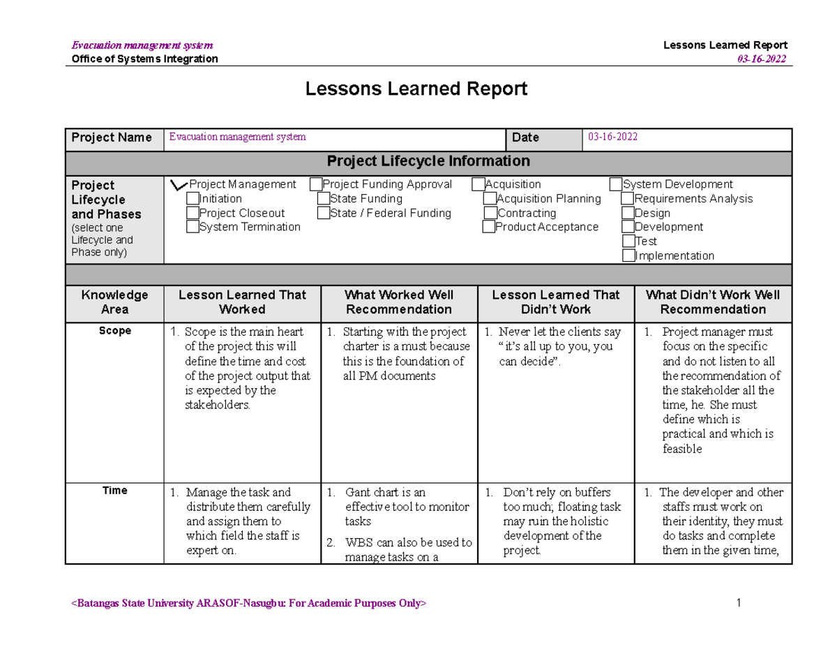 Lessons Learned Report Template - Office of Systems Integration 03-16 ...