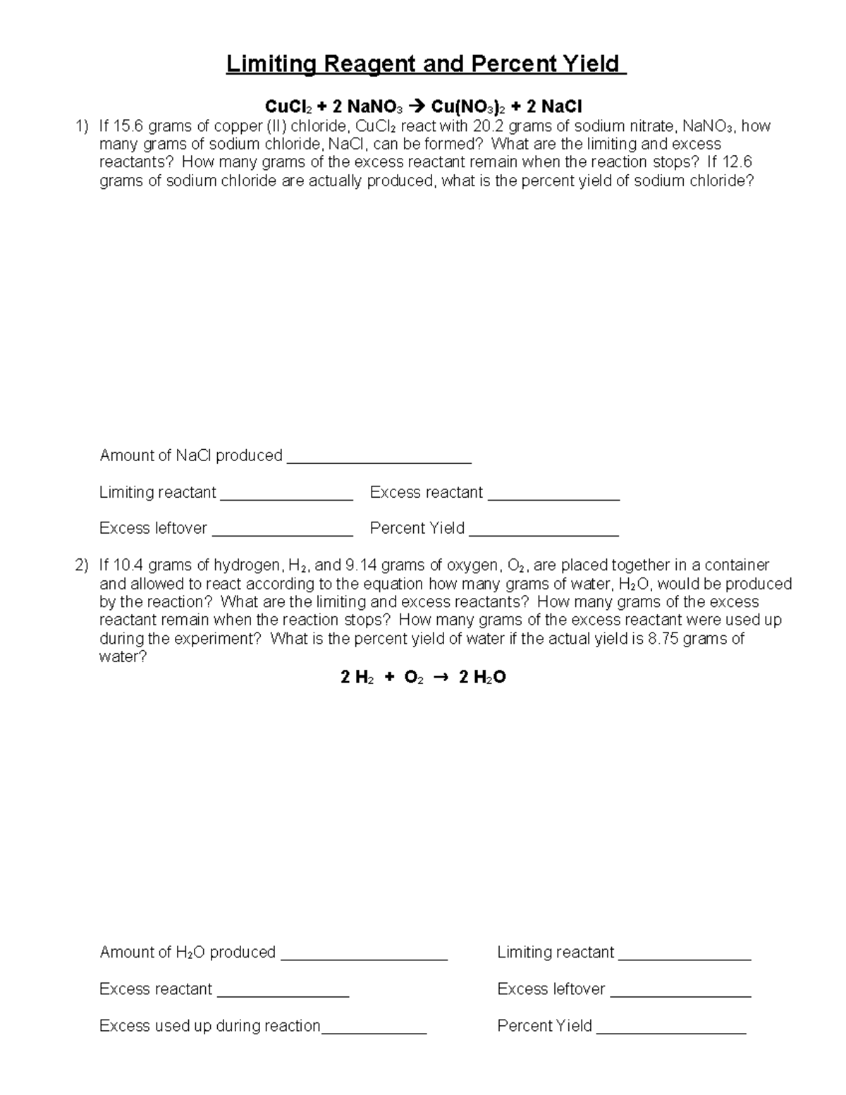 Lim Exc Reactant Percent Yield Practice - Limiting Reagent and Percent ...