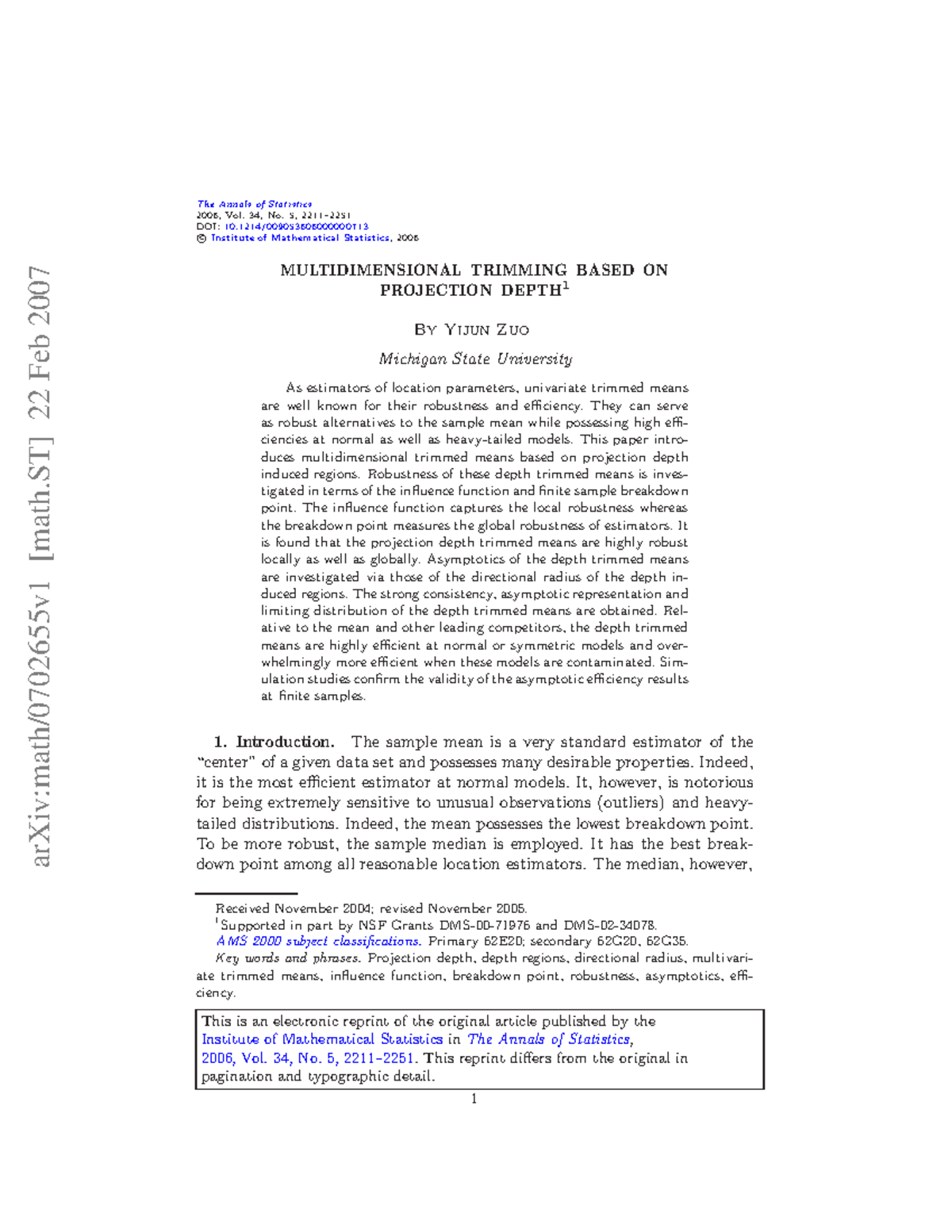 0702655 - Cours - arXiv:math/0702655v1 [math] 22 Feb 2007 The Annals of ...