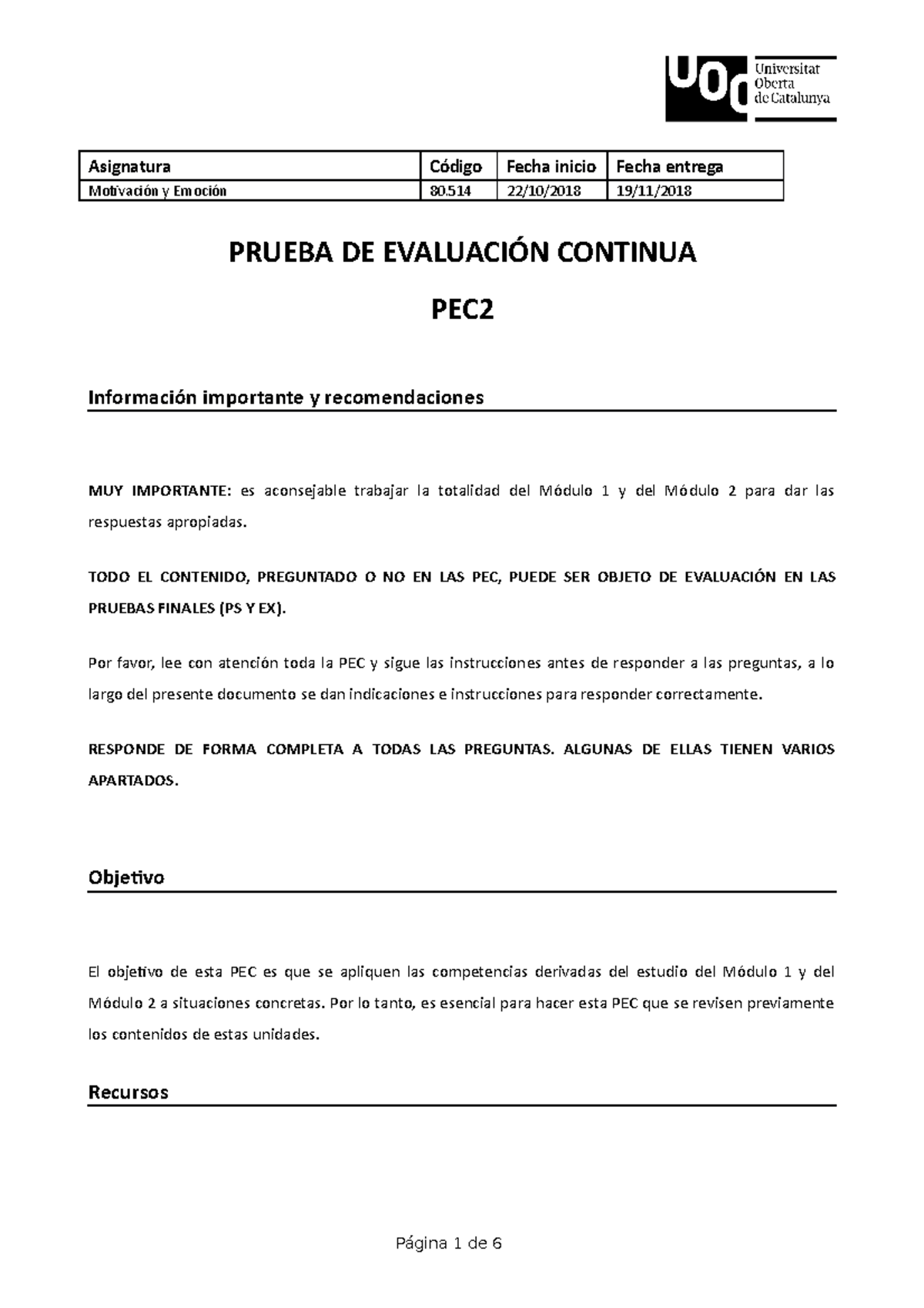 PEC2 22 - Pec 2 de Psicología de la motivación y emoción - Asignatura Código Fecha inicio Fecha ...