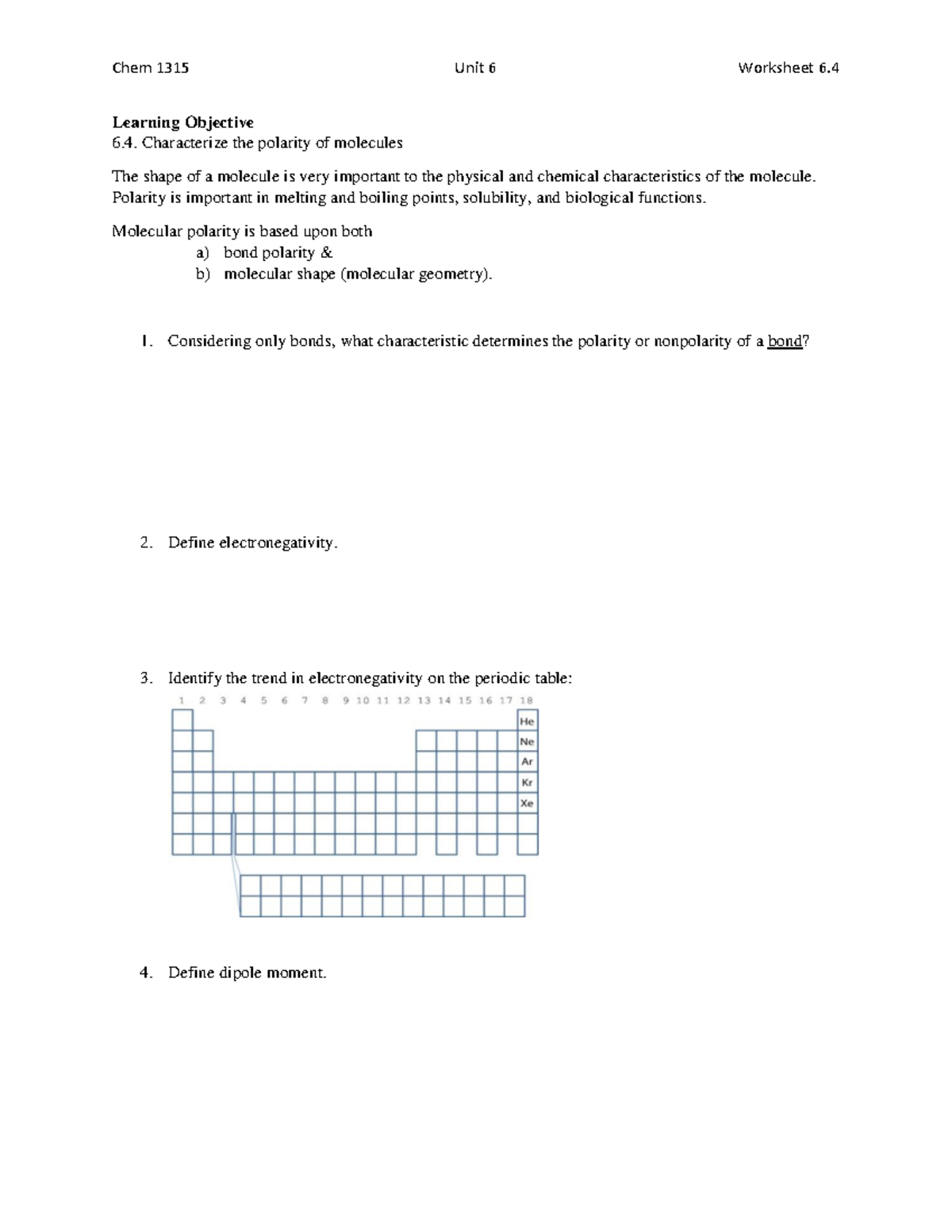 Worksheet 6.4 Polarity - Learning Objective 6. 4. Characterize the ...