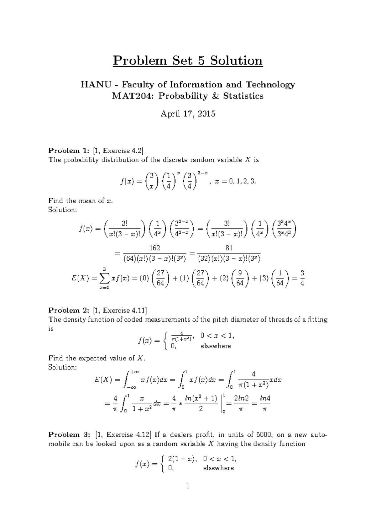 Homework-5-Solution - PST solution - Problem Set 5 Solution HANU - Faculty of Information and ...