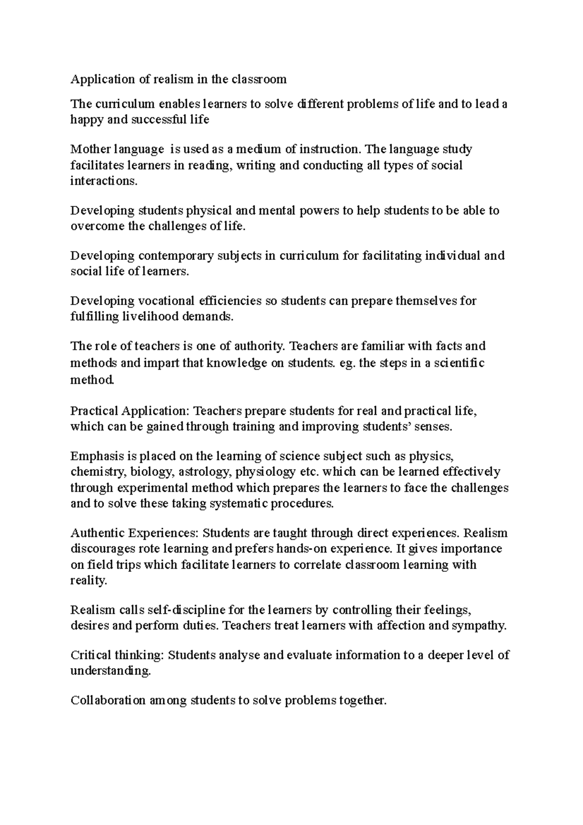 Application of Realism in the Clasroom - Application of realism in the ...