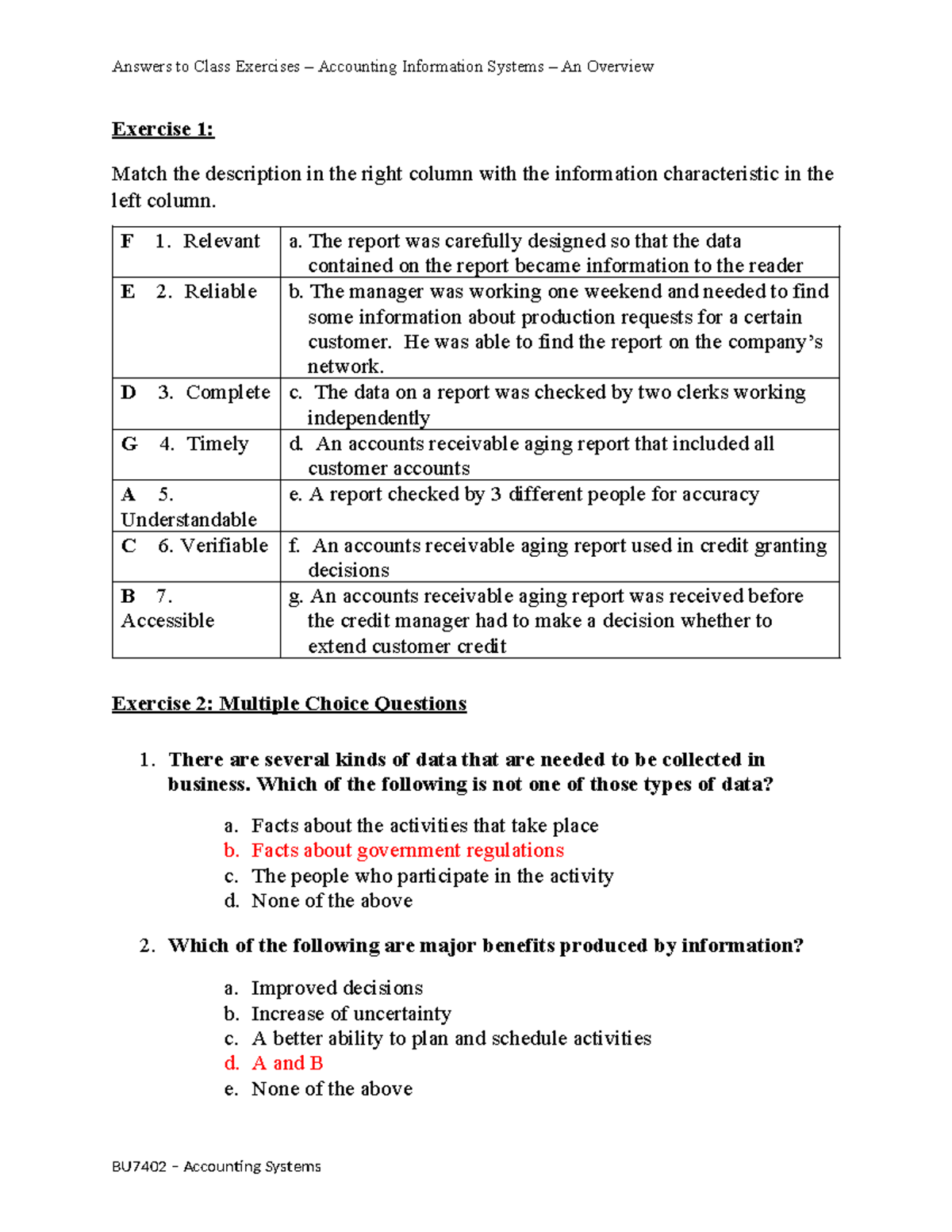 Answers to Class Exercises Accounting In - Exercise 1: Match the ...