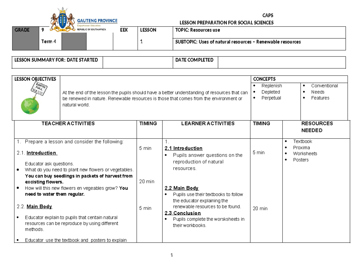 Lesson-1 - Summary Teaching social science - CAPS LESSON PREPARATION ...