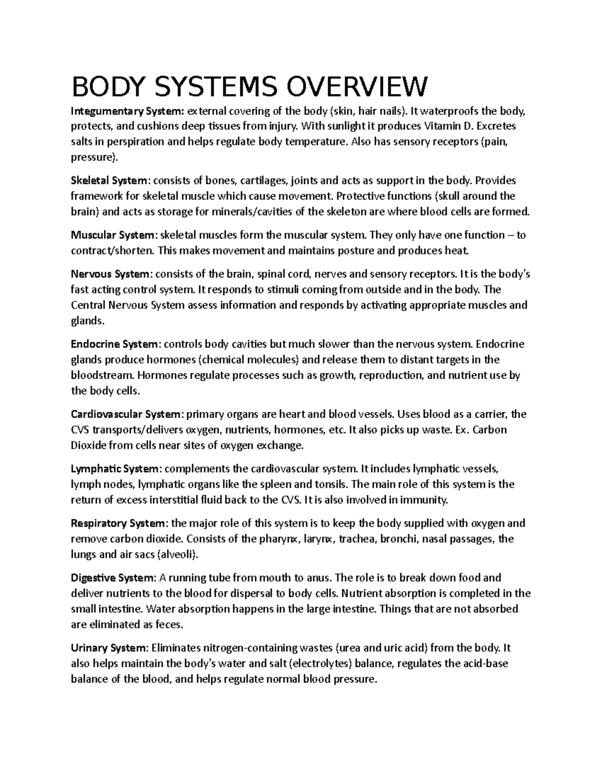 BODY Systems Overview - Lecture notes Week ! lecture - BODY SYSTEMS ...