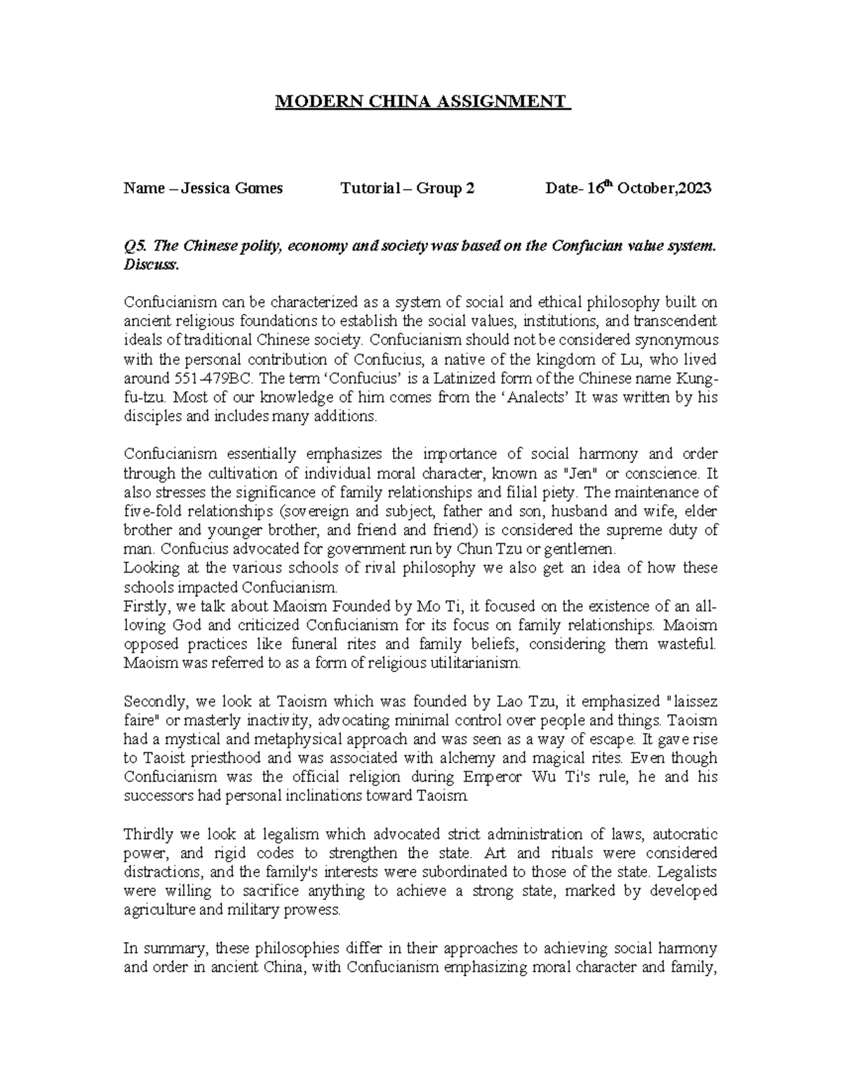 Confucianism China Assignment - MODERN CHINA ASSIGNMENT Name – Jessica ...