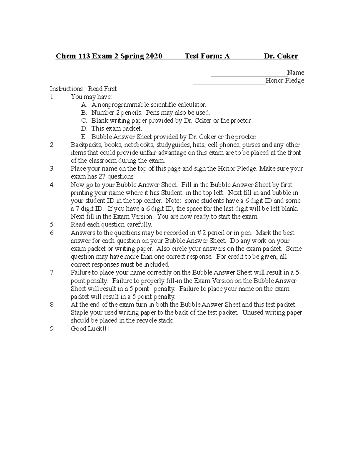 CHEM113 Exam 2 Spring Form A - Chem 113 Exam 2 Spring 2020 Test Form: A ...