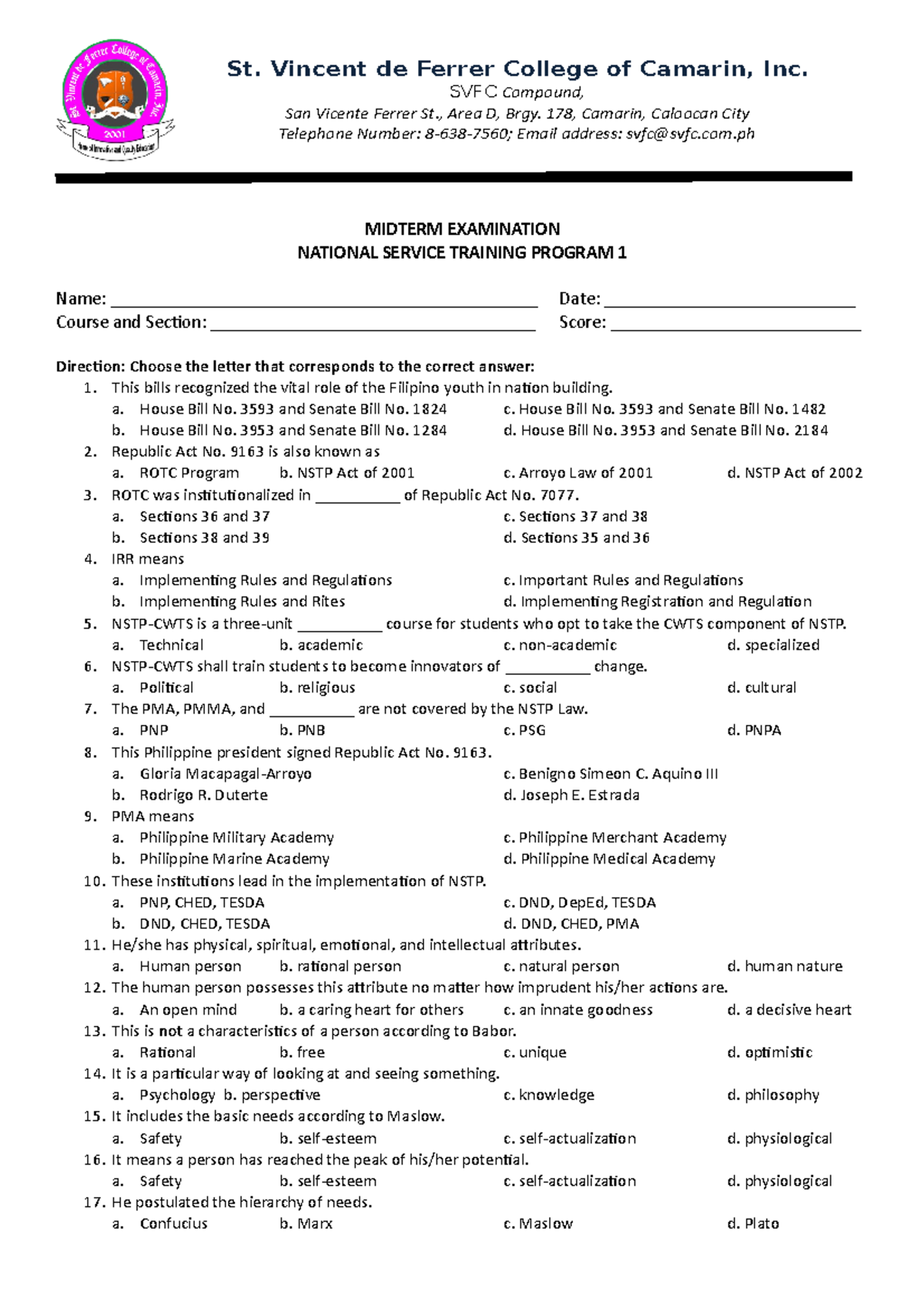 NSTP 1 Midterm EXAM - Hahahs - St. Vincent de Ferrer College of Camarin ...