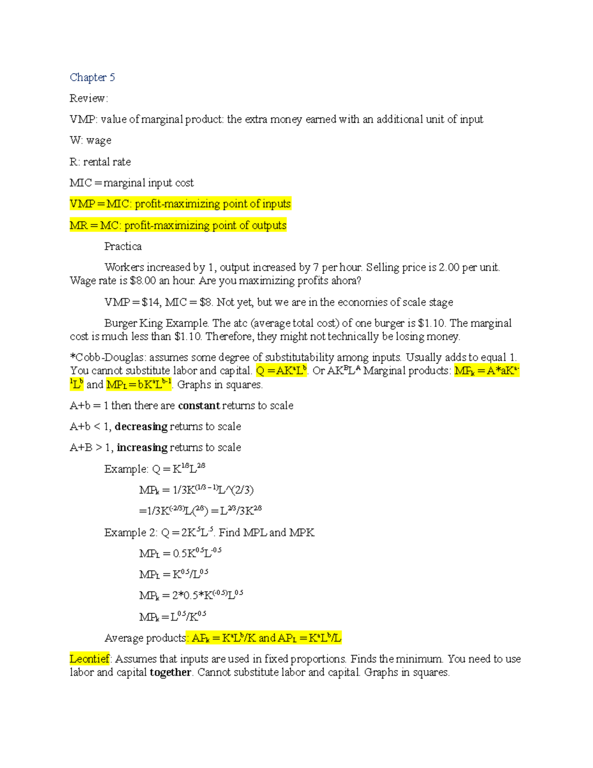 Managerial Economics Notes - Chapter 5 Review: VMP: value of marginal ...