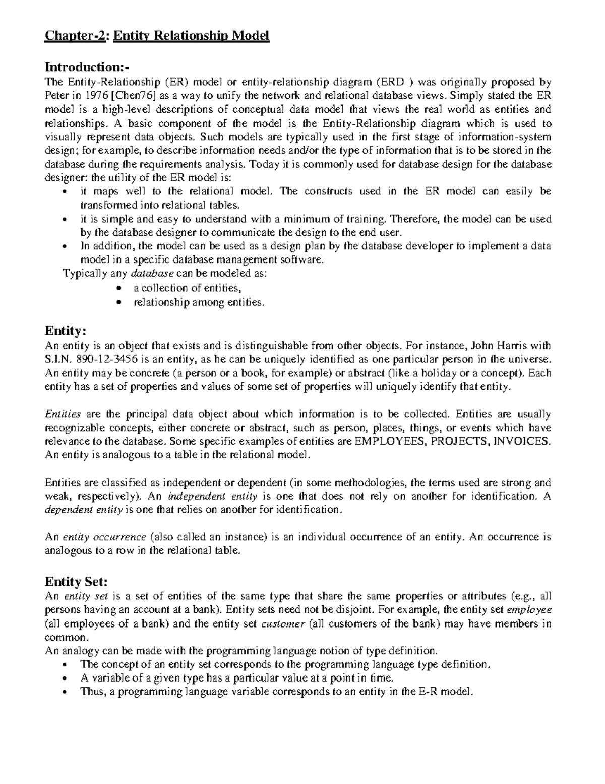 Entity relationship model Chapter 2 - Chapter-2: Entity Relationship ...