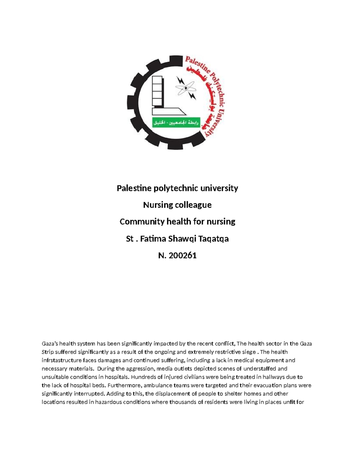 Gaza - ....nxjdj@££ - Palestine polytechnic university Nursing ...