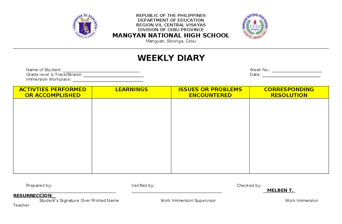 Weekly- Diary-2021-2022 - REPUBLIC OF THE PHILIPPINES DEPARTMENT OF ...