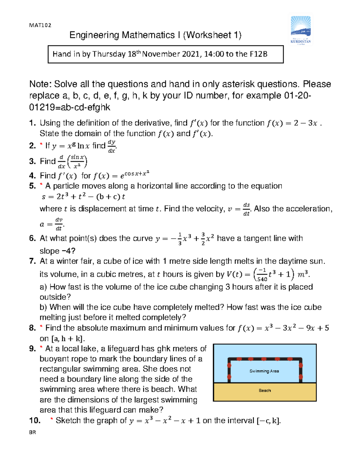 Calculus 1 worksheet - MAT BR Engineering Mathematics I (Worksheet 1 ...