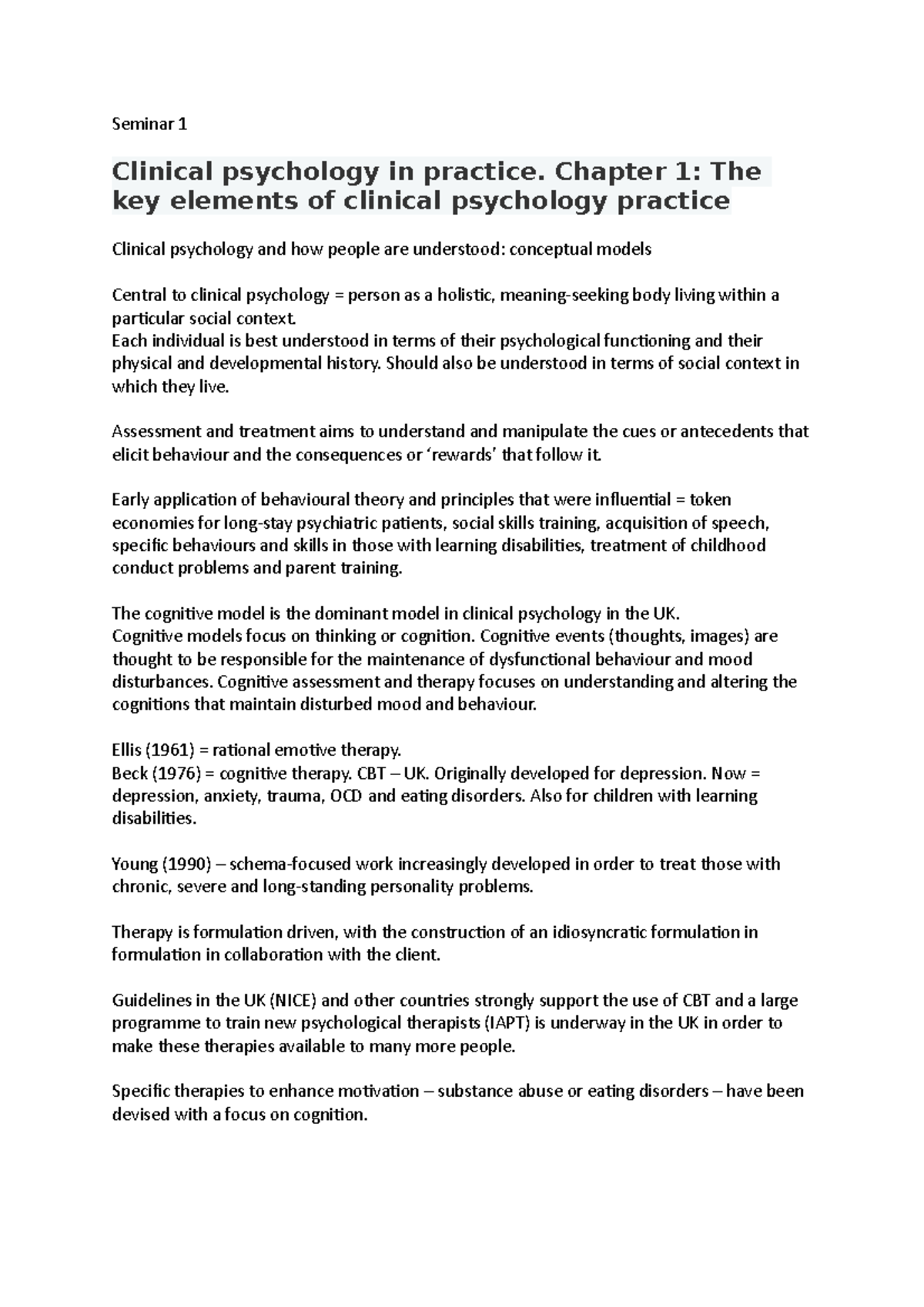 Seminar 1 CBT - Lecture notes 1 - Seminar 1 Clinical psychology in ...