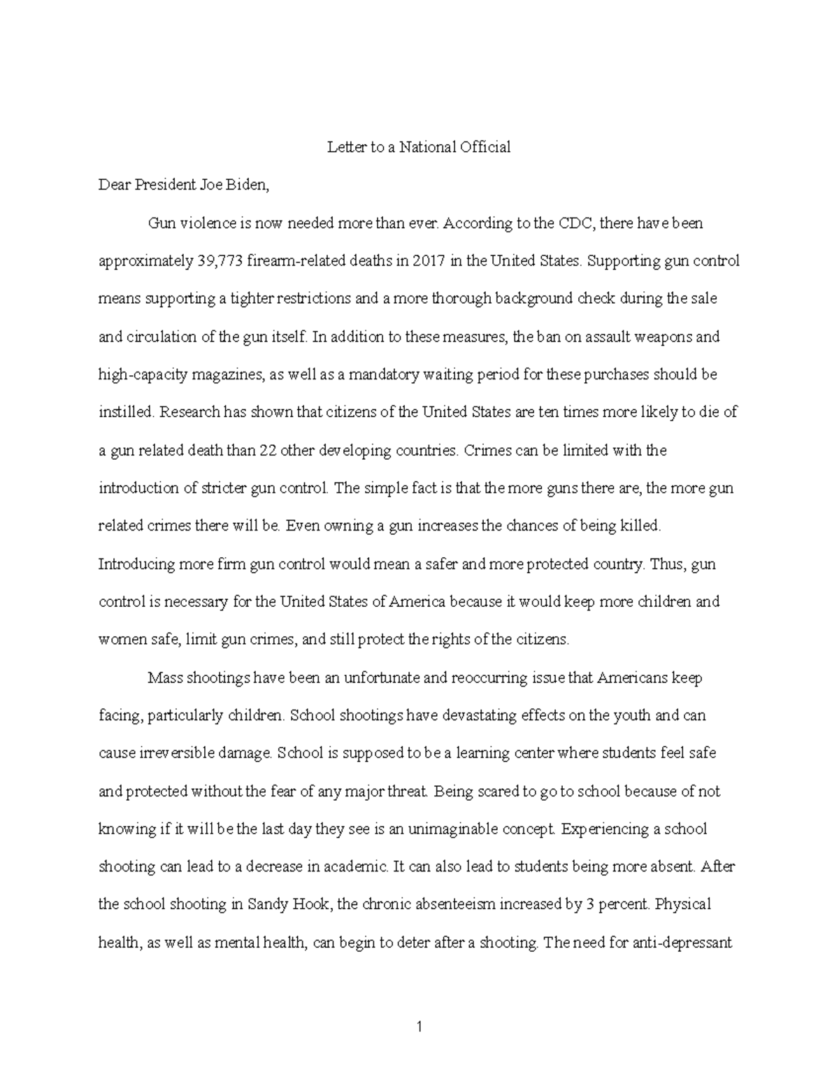 Letter to a National Official - According to the CDC, there have been ...