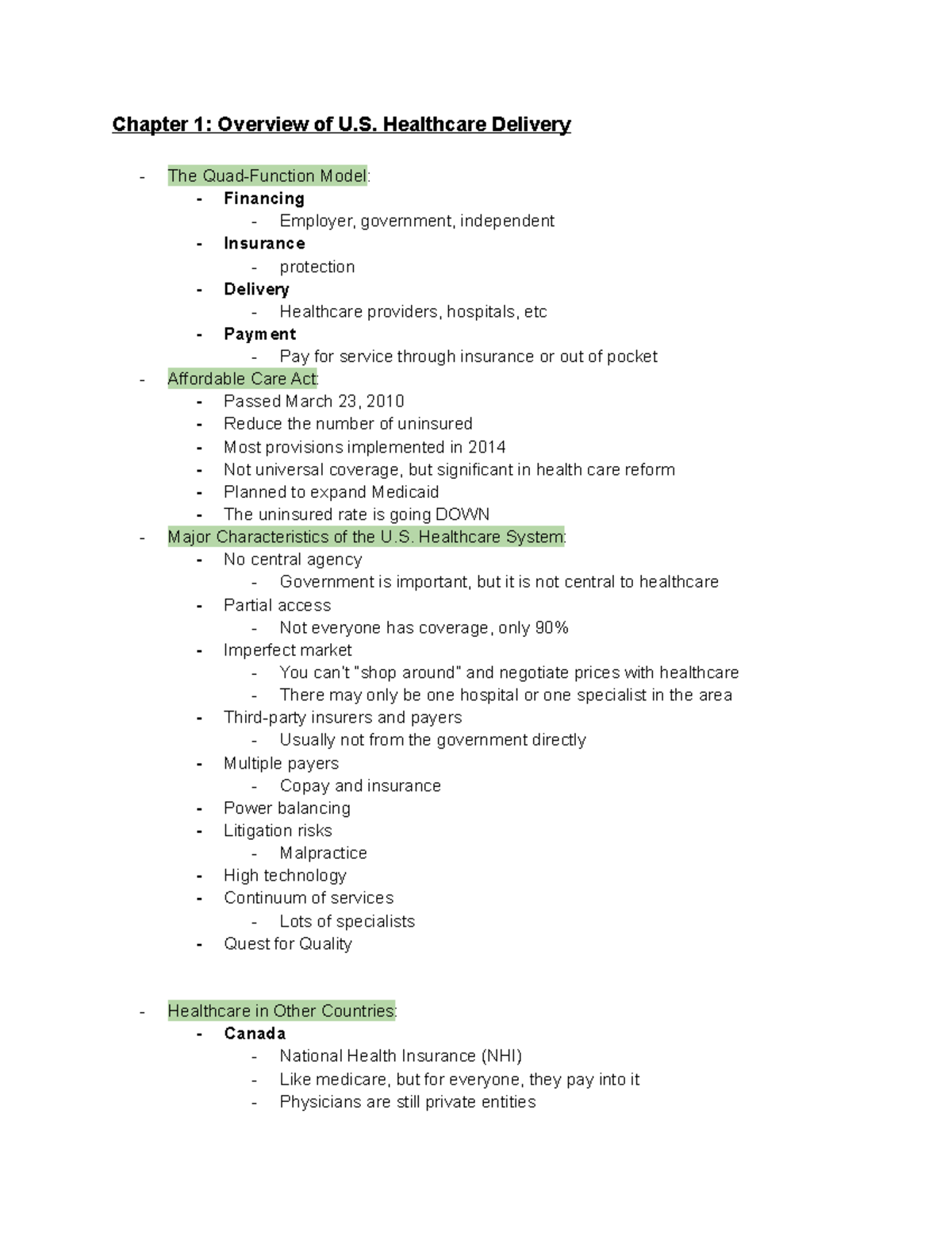 USGH 1 - Dr. Howley - Chapter 1: Overview of U. Healthcare Delivery The ...