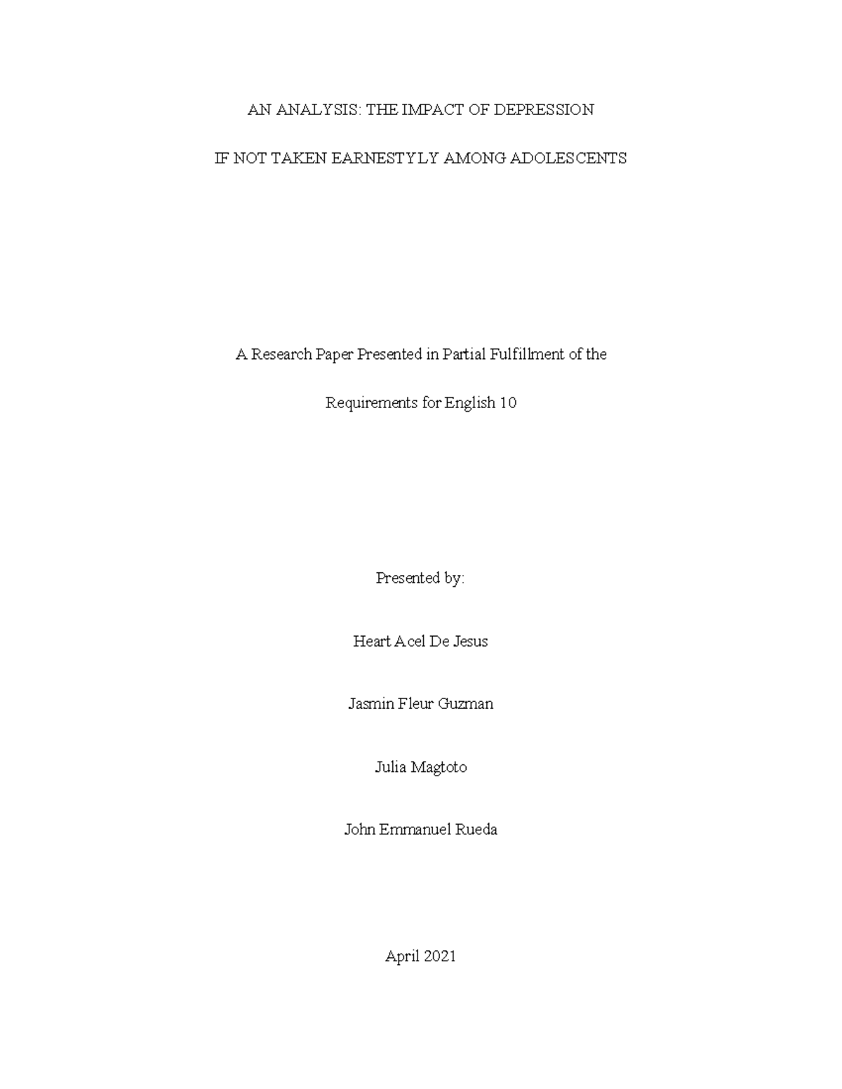 Research Sample Paper - AN ANALYSIS: THE IMPACT OF DEPRESSION IF NOT ...