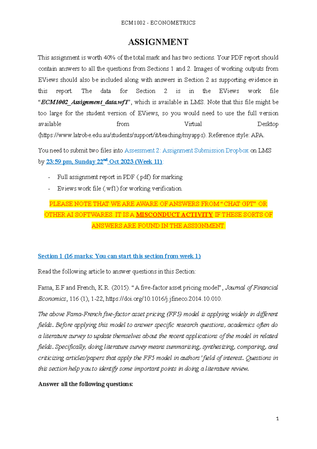 2023-S2-ECM1002-Assignment-Mark-Distribution - ECM1002 - ECONOMETRICS ASSIGNMENT This assignment ...