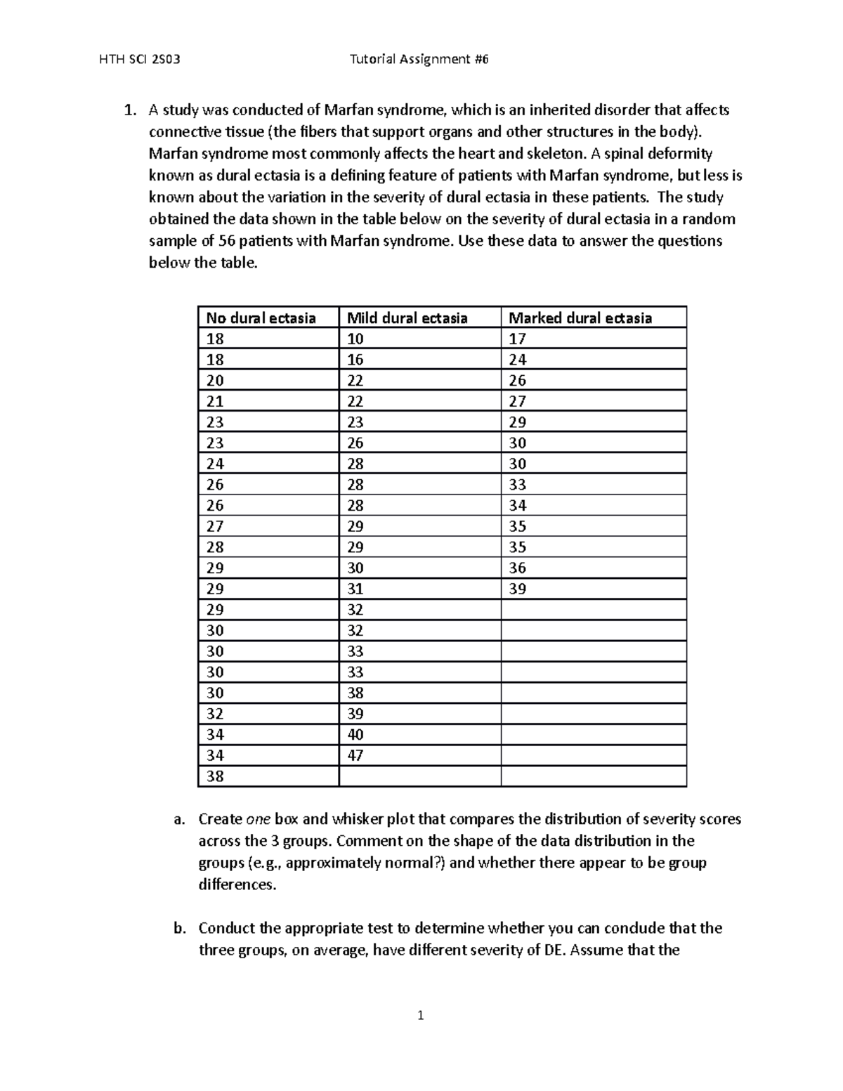 Tutorial Assign 6 - Anova 4 - HTH SCI 2S03 Tutorial Assignment # A study was conducted of Marfan ...
