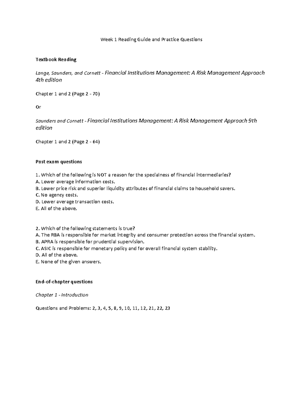 Week 1 Reading and Practice Questions - Intro - Week 1 Reading Guide and Practice Questions ...