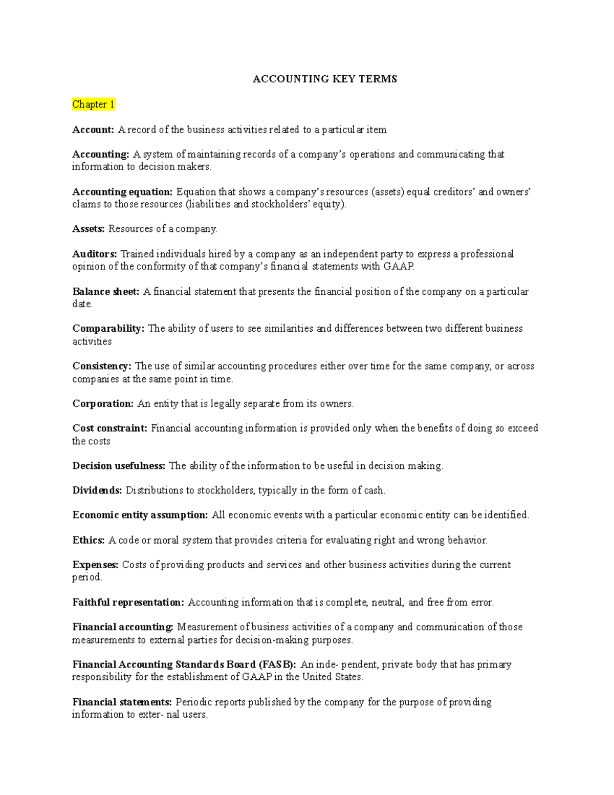 Accounting KEY Terms Chapt. 1 - ACCOUNTING KEY TERMS Chapter 1 Account ...