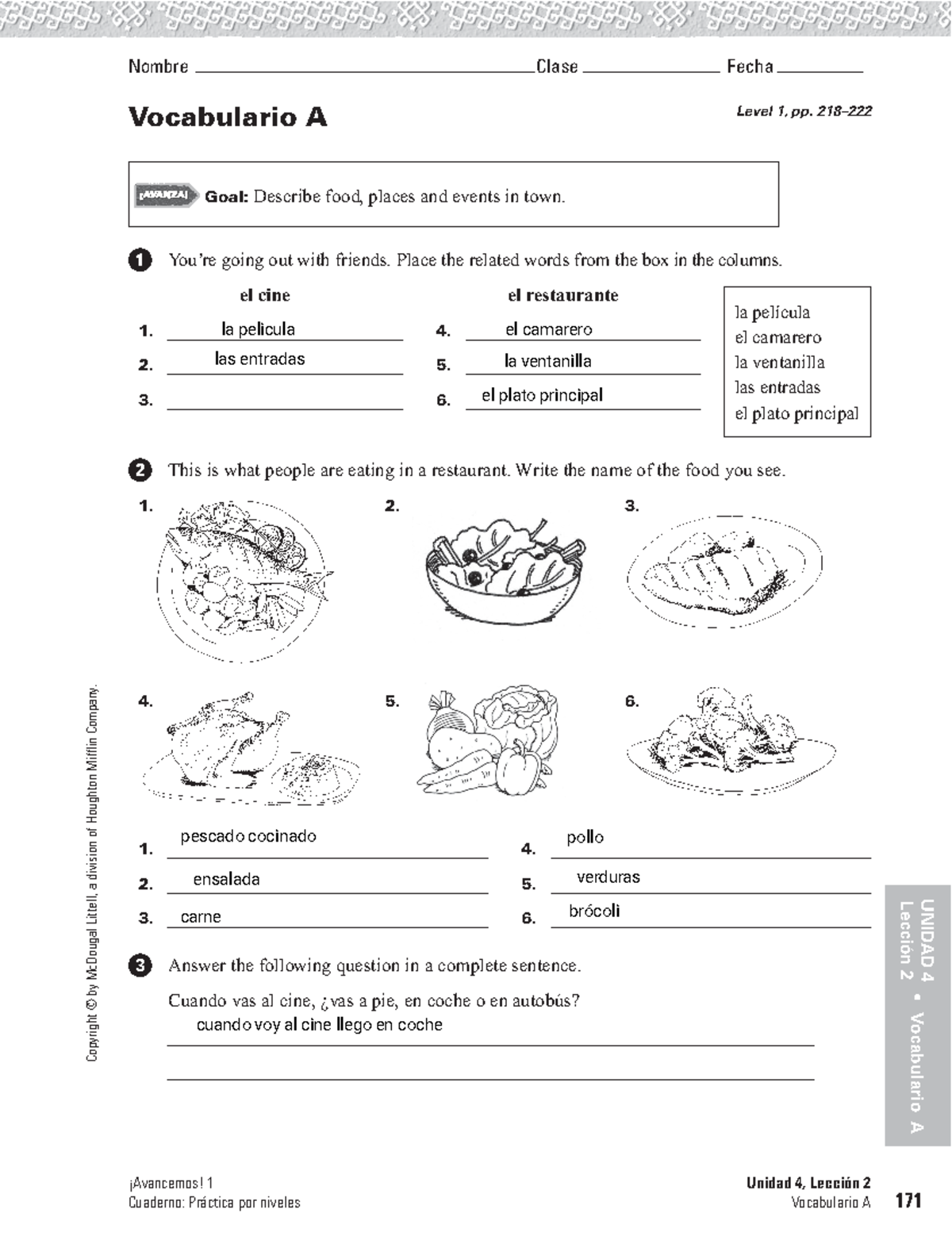 Unidad 4 leccion 2 Workbook Vocabulario paginas - Nombre ...