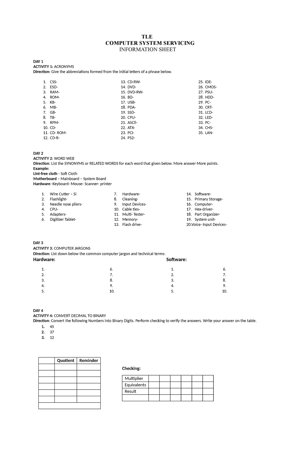 TLE EIE - TLE COMPUTER SYSTEM SERVICING INFORMATION SHEET DAY 1 ...