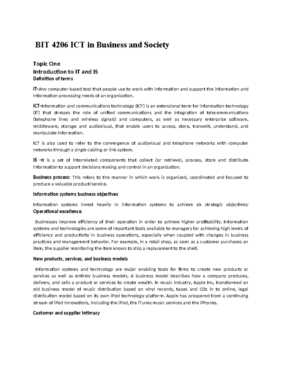 BIT 4206 ICT IN BIZ N Society Notes - BIT 4206 ICT in Business and ...