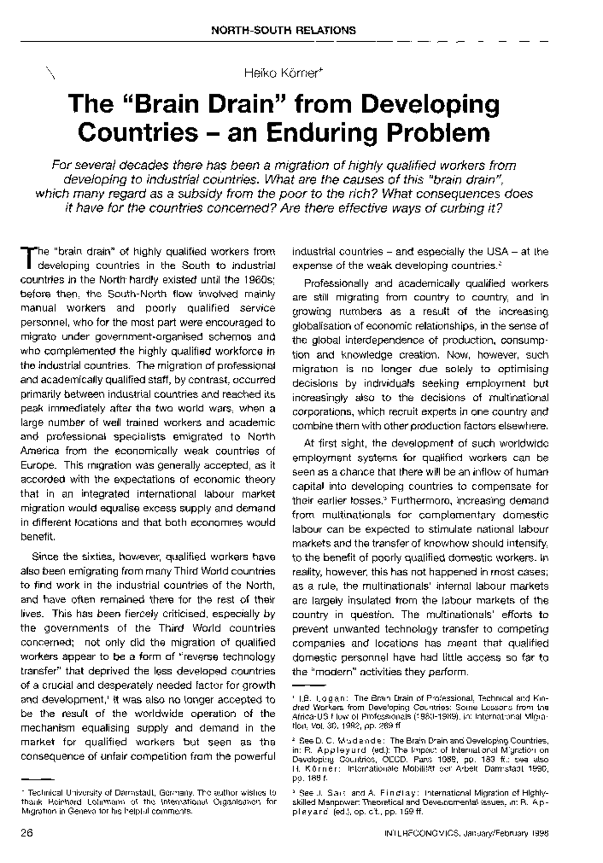 The brain drain from developing countries an enduring problem - \ Heiko Korner* The "Brain - Studocu